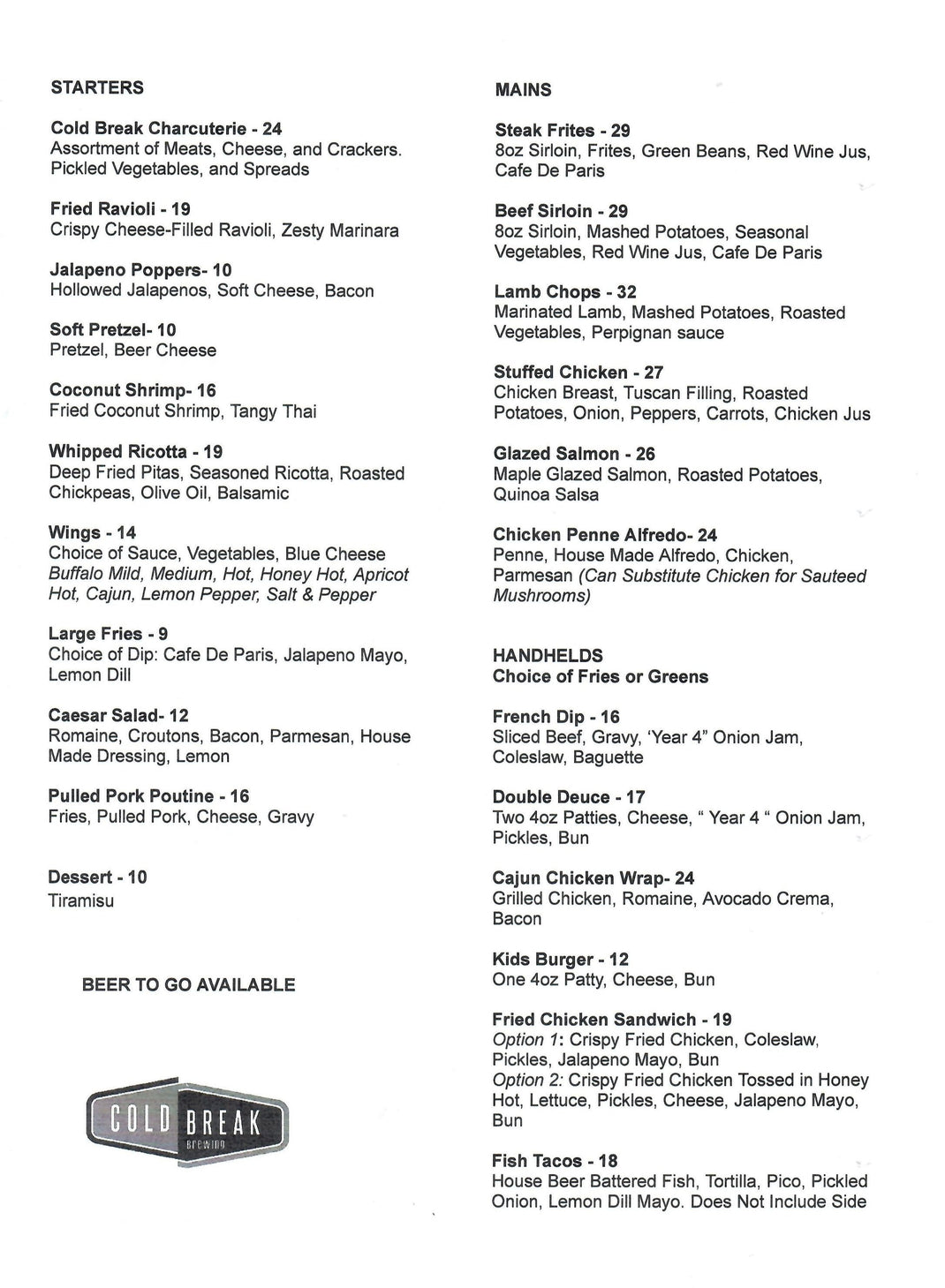 Kitchen Menu – Cold Break Brewing